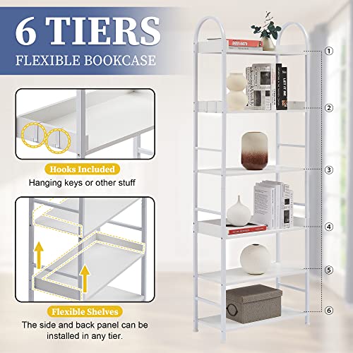 YOUMU 70.8 Inch Tall Bookshelf, 6-Tier Shelves with Round Top Frame, MDF Boards, Adjustable Foot Pads (6-Tier,Silver)