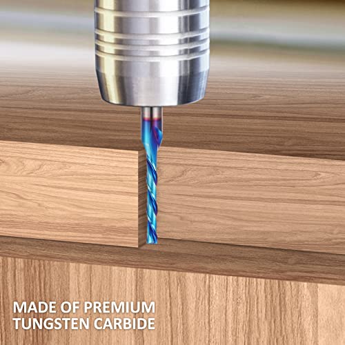 HQMaster 5 Pcs Spiral CNC Router Bits Set Down Cut 1/4β Shank Solid Carbide Spiral Downcut CNC Bits with Nano Blue Coating End Mill for Wood Cut Carving Engraver 1/8" Cutting Dia.