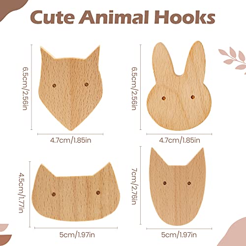 NUANNUAN 4 Pcs Cute Animal Hooks Wood Solid Wall Hanger, Creative Cat/Rabbit/Dog/Fox Shelf Reusable Cartoon Utility Hook for Kids Room Entryway Bedroom Key Coat Towels Hats Jackets Backpack Hanging