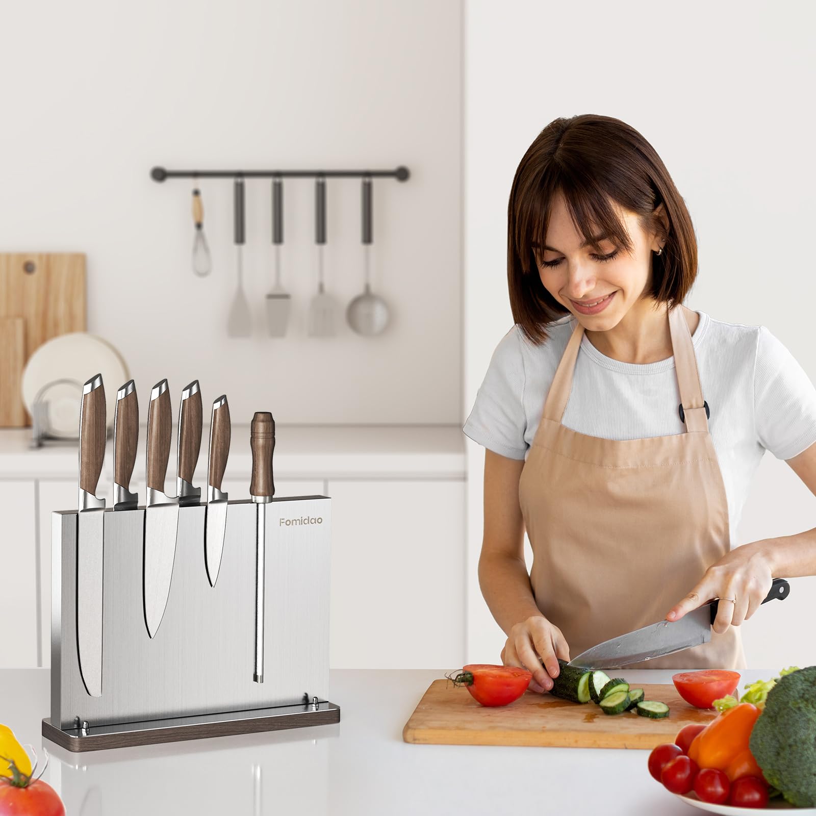 Magnetic Knife Block,Stainless Steel Magnetic Knife Holder Rack for Kitchen Counter,Strong Double Sided Magnet Knife Storage Stand with Wood Base