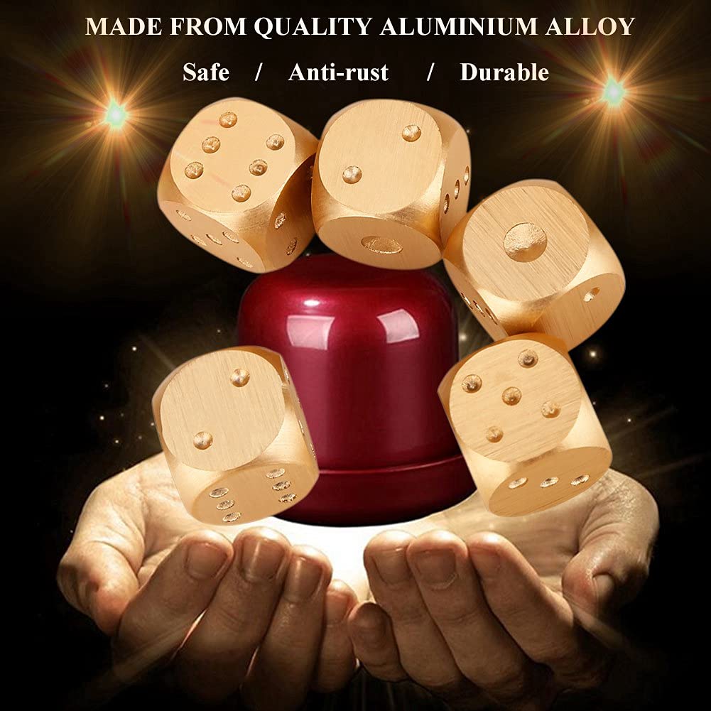 Gold Dice 6 Sided for Mon 5pcs Aluminium Alloy Table Game Poker Games Dices Set with Storage Box High Efficiency (Gold)