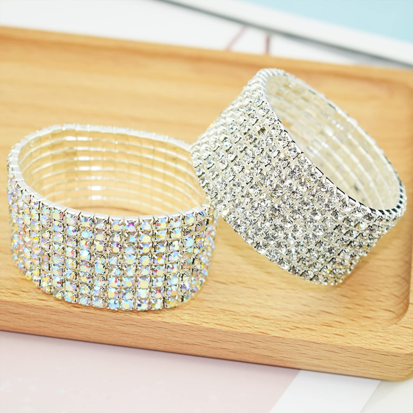 HLIN Rhinestone Bracelet for Women 2Pcs Strand Stretch Silver-tone AB Sparkling Bridal Tennis Bangle