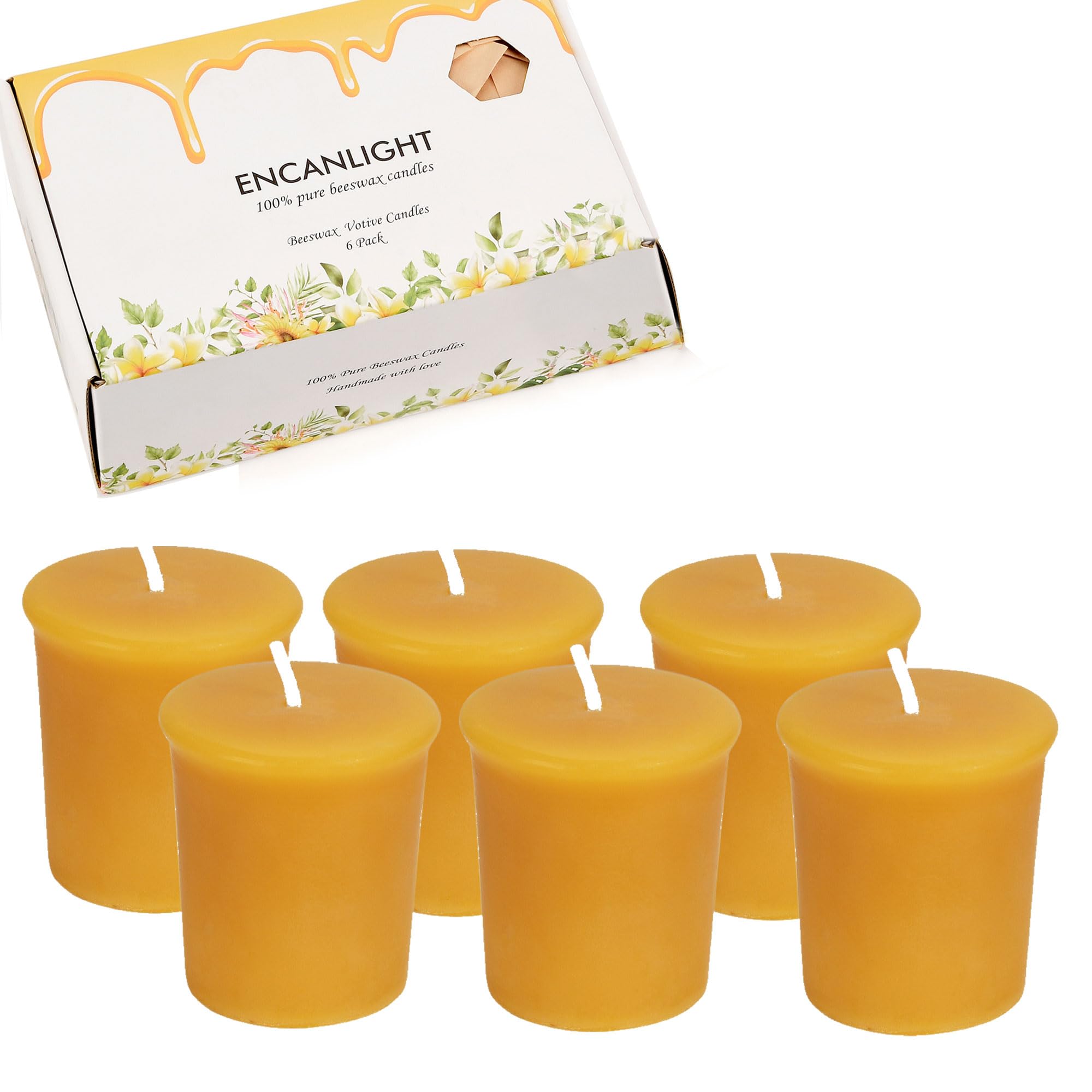 Natural Beeswax Votive Candles 6 Pack, Handmade Bees Wax Candle - Smokeless, Dripless and Non-Toxic, 10 Hour Long Burn Time Each for Home