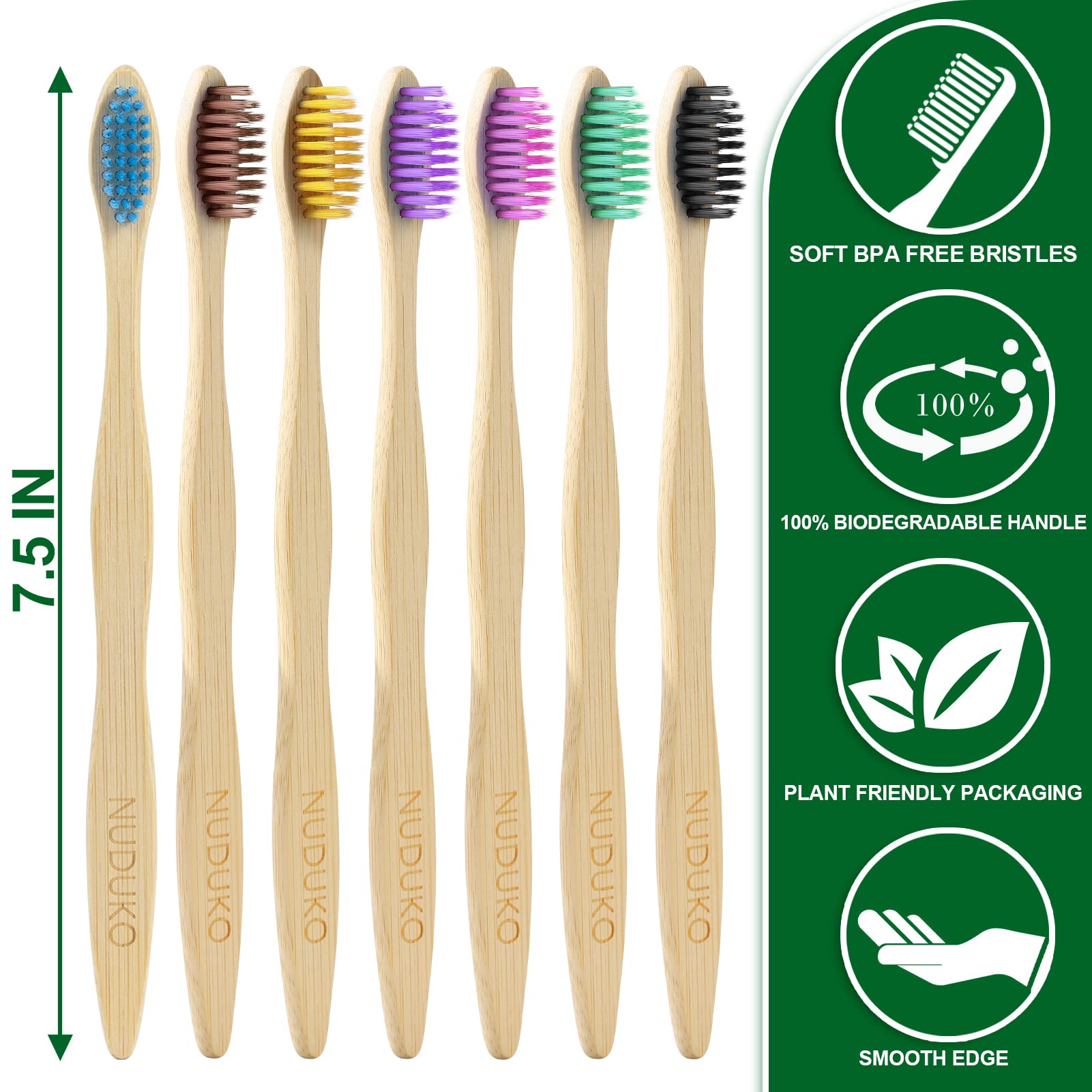 NUDUKO Biodegradable Bamboo Toothbrushes, 10 Piece BPA Free Soft Bristles Toothbrushes, Natural, Eco-Friendly, Green and Compostable (Multicolored Bristles)