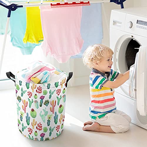 Nudquio Watercolor Cactus Seamless Pattern Laundry Basket with Drawstring Closure Lid and Handles Storage Hamper for Bedroom Office
