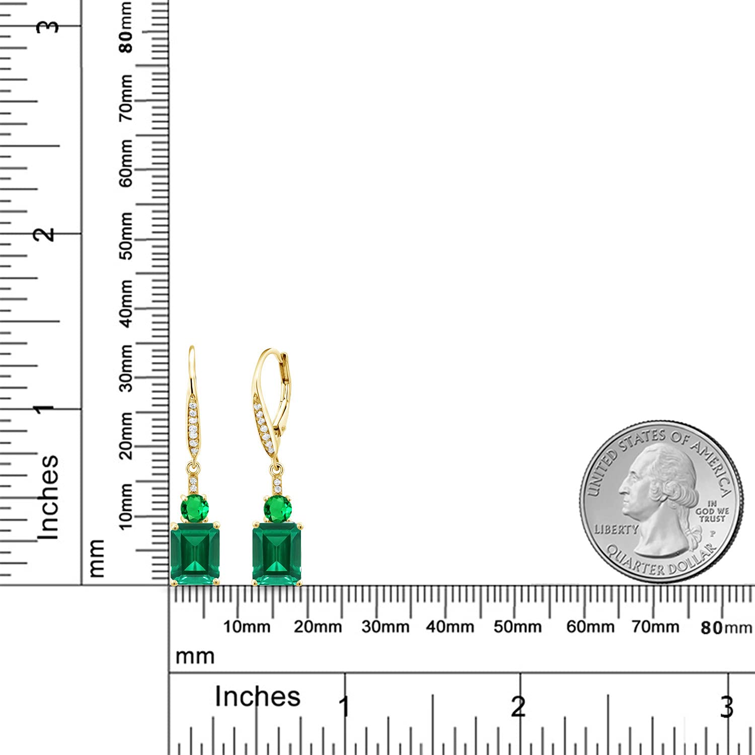 Gem Stone King 18K Yellow Gold Plated Silver Green Nano Emerald Dangle Earrings For Women (4.60 Cttw, Gemstone May Birthstone, Emerald Cut 9X7MM)