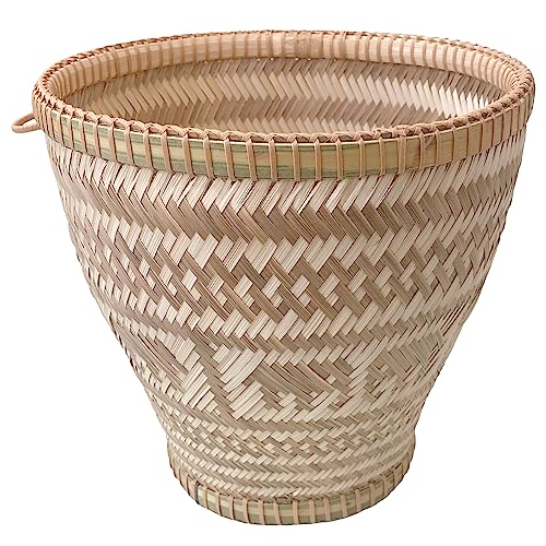 PANWA Handmade 100% Natural Traditional Thai Bamboo Wicker Sticky Rice Cooking Basket Lucky Elephant Weave with Large Size with 24x24 Inch Cheesecloth Wrap and Vintage Wooden Paddle