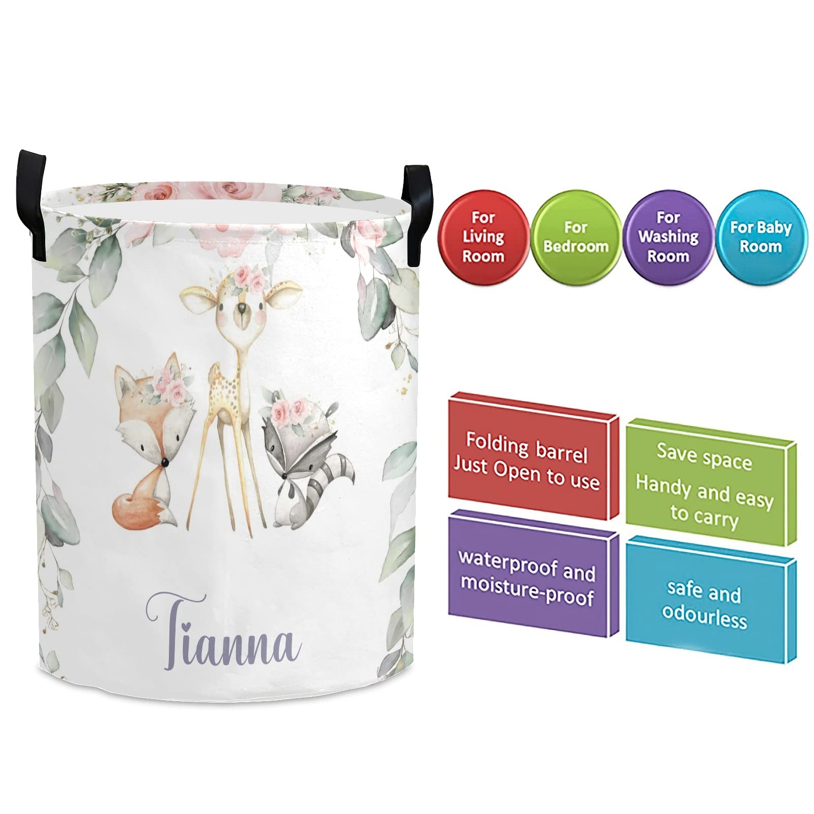 Personalized Custom Giraffe Fox Cute Lovely Collapsible Large Sized Clothes Hamper with Knitting Handles for Baby Girls Boys Kids Nursery Clothes Things