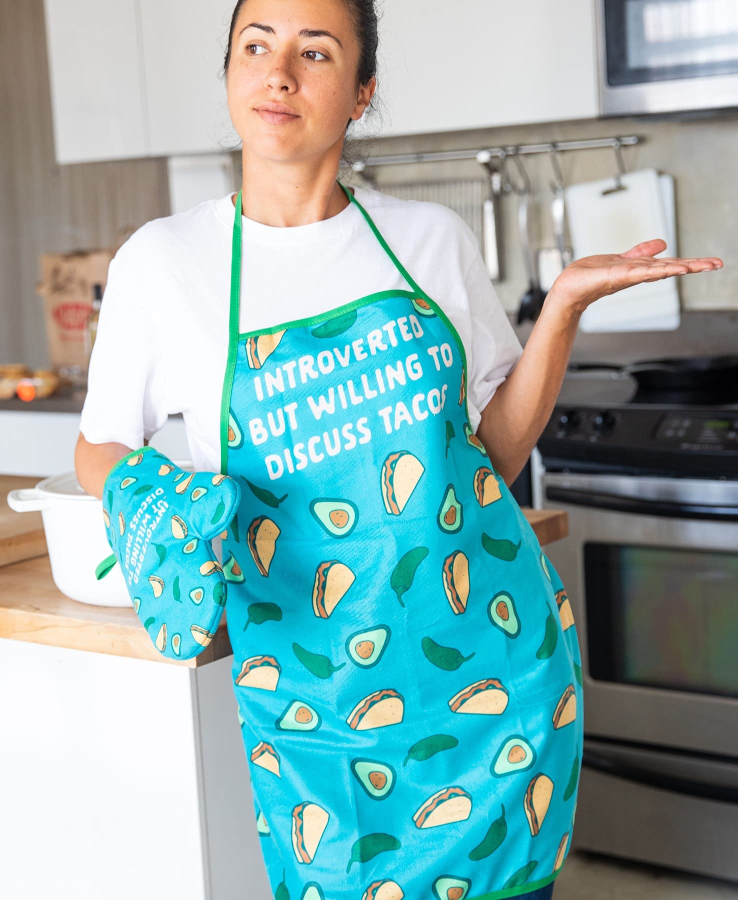 Introverted But Willing To Discuss Tacos Funny Cinco De Mayo Graphic Kitchen Accessories Funny Graphic Kitchenwear Funny Food Novelty Cookware Blue Oven Mitt