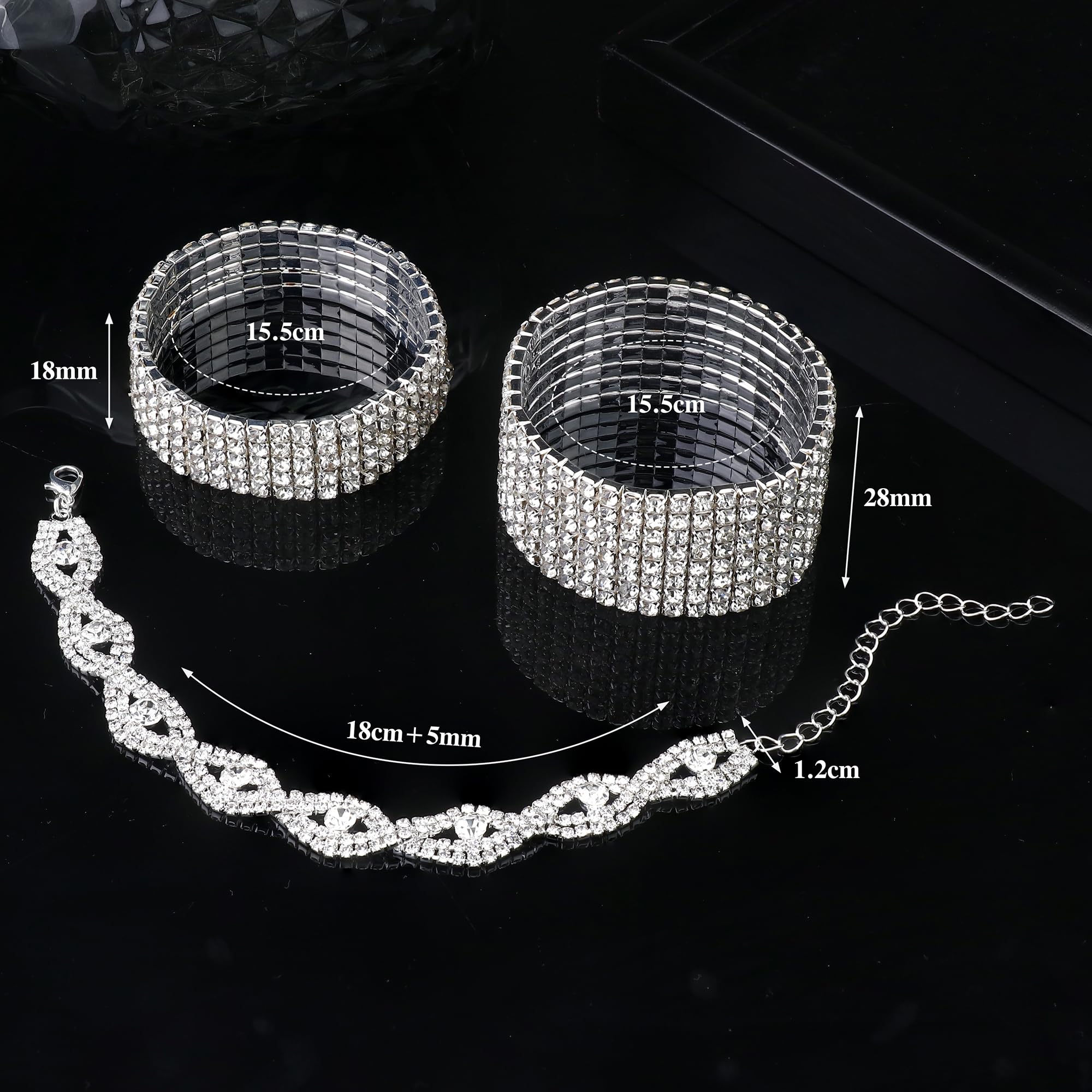 FIBO STEEL 3 PCS Rhinestone Stretch Bracelets for Women Bridal Sparkly Wedding Strand Tennis Bracelet Set Silver-Tone