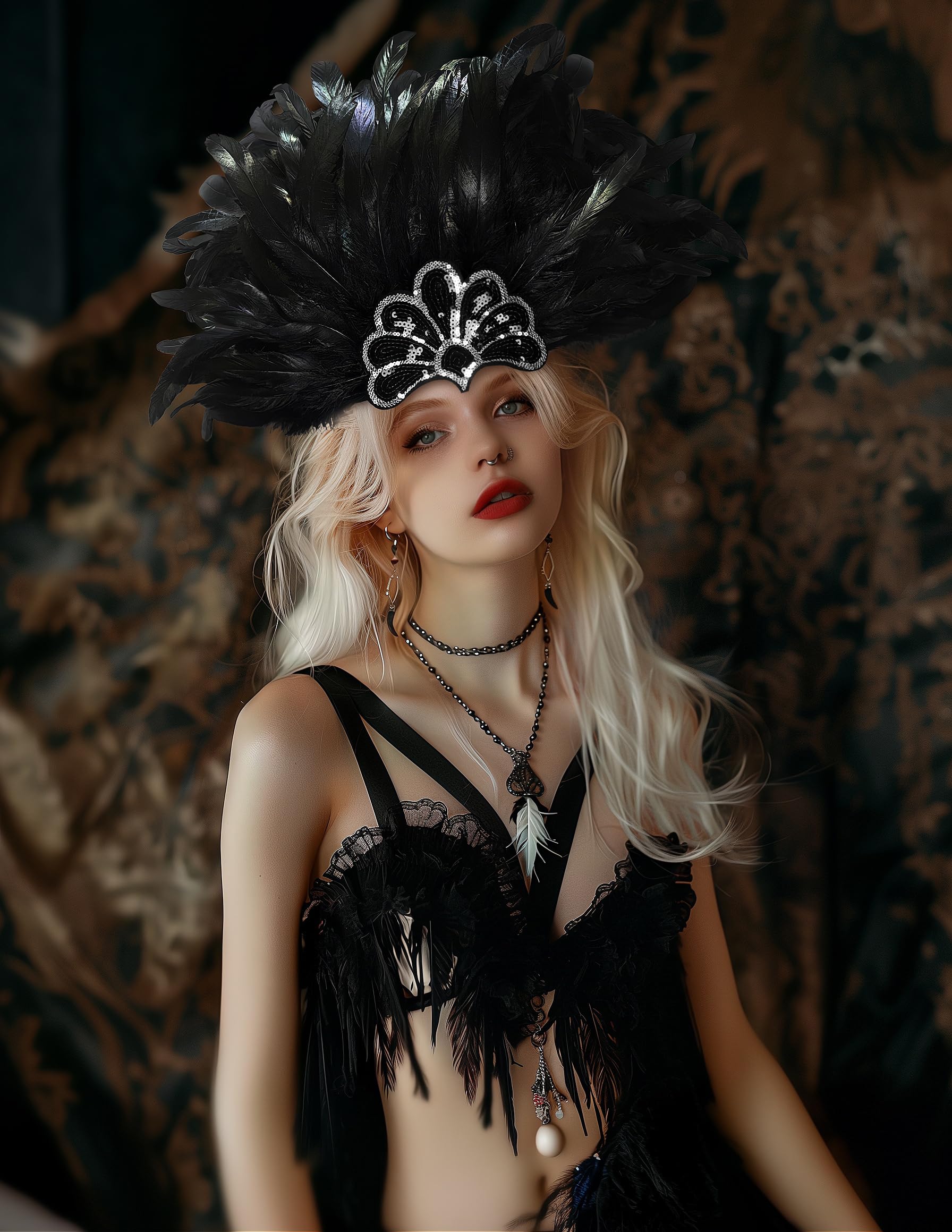 JEGERMIG Black Feather Sequin Headwear Carnival Headpiece Showgirl Cosplay Accessories for Women