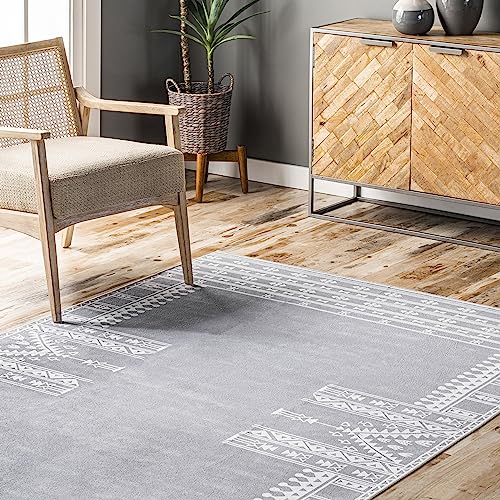 nuLOOM Joelle Machine Washable Tribal Geometric Border Ultra Thin Area Rug, 8' x 10', Light Grey