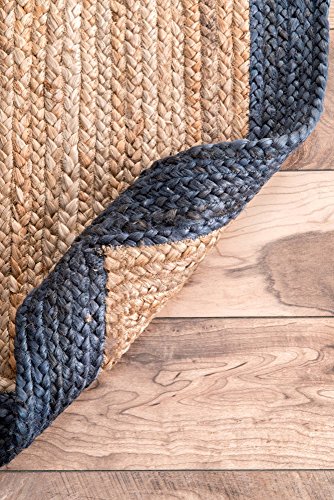 Rangneel Handloom Beige with Blue Border Handmade Rustic Rectanglular Jute Rug (8x11 Feet)