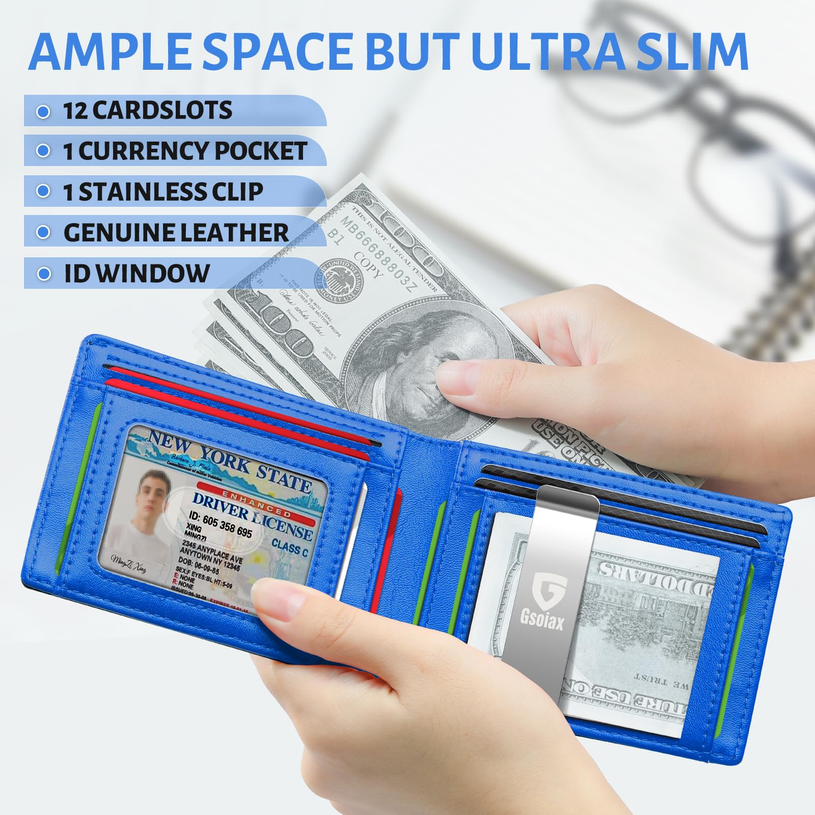 GSOIAX Slim Leather RFID Bifold Wallet for Men with Money Clip and 12 Credit Card Holders - Minimalist Front Pocket Wallet with ID Window, Cool Groove Design (Carbon blue)