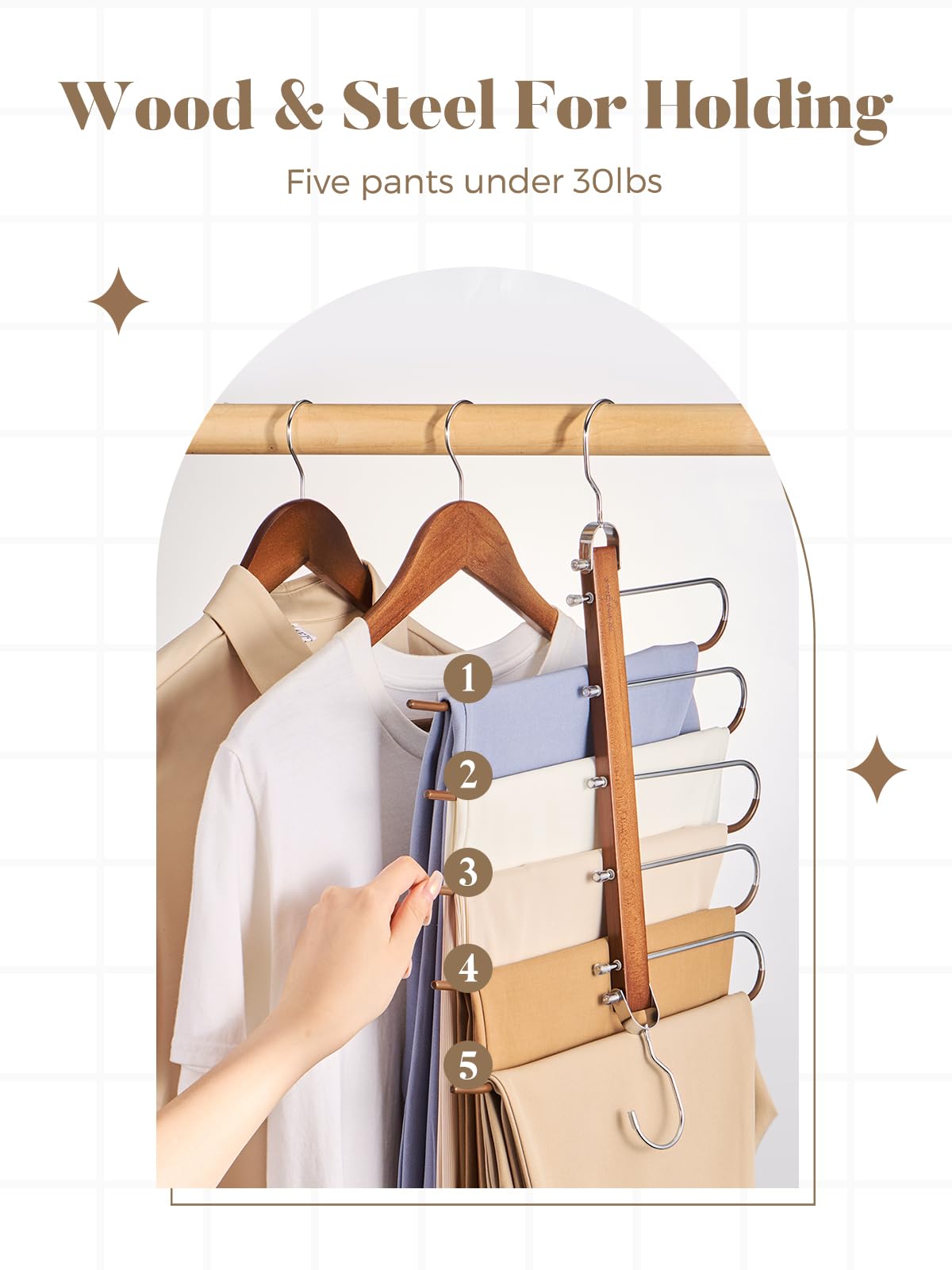SMARTOR Pants Hangers Space Saving - 3 Pack Wood Jean Hangers for Closet Organizer - Jean Hangers Trouser Holder Closet Space Saving Hangers - Pants Organizer Hanger Space Saver Closet Organization