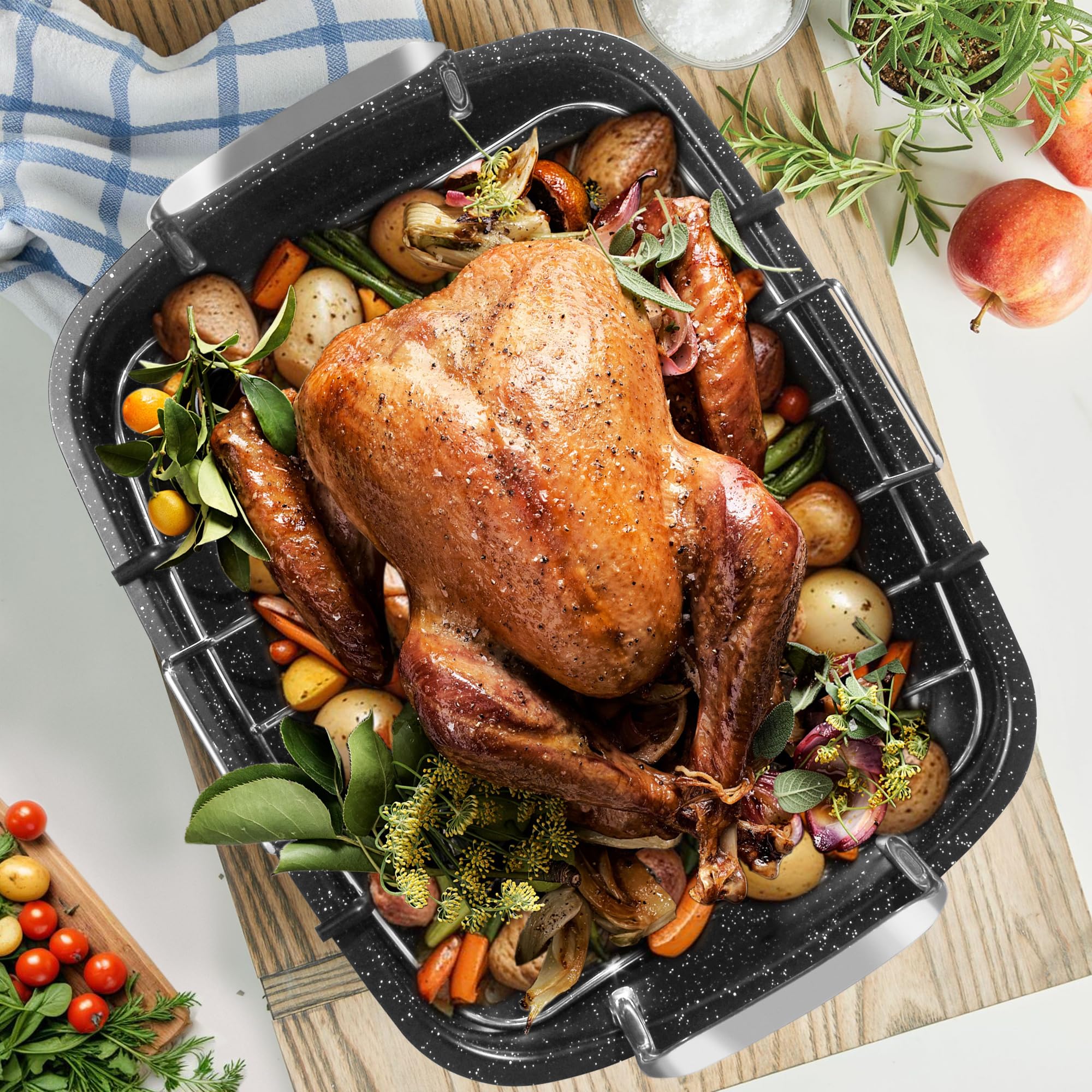 RavisingRidge Roasting Pan with Rack, 17 x 13 Inch Nonstick Turkey Roaster with Steel Handles β Ideal for Ovens, Lasagna, Meat & Vegetables, Perfect for Thanksgiving & Christmas (Black)