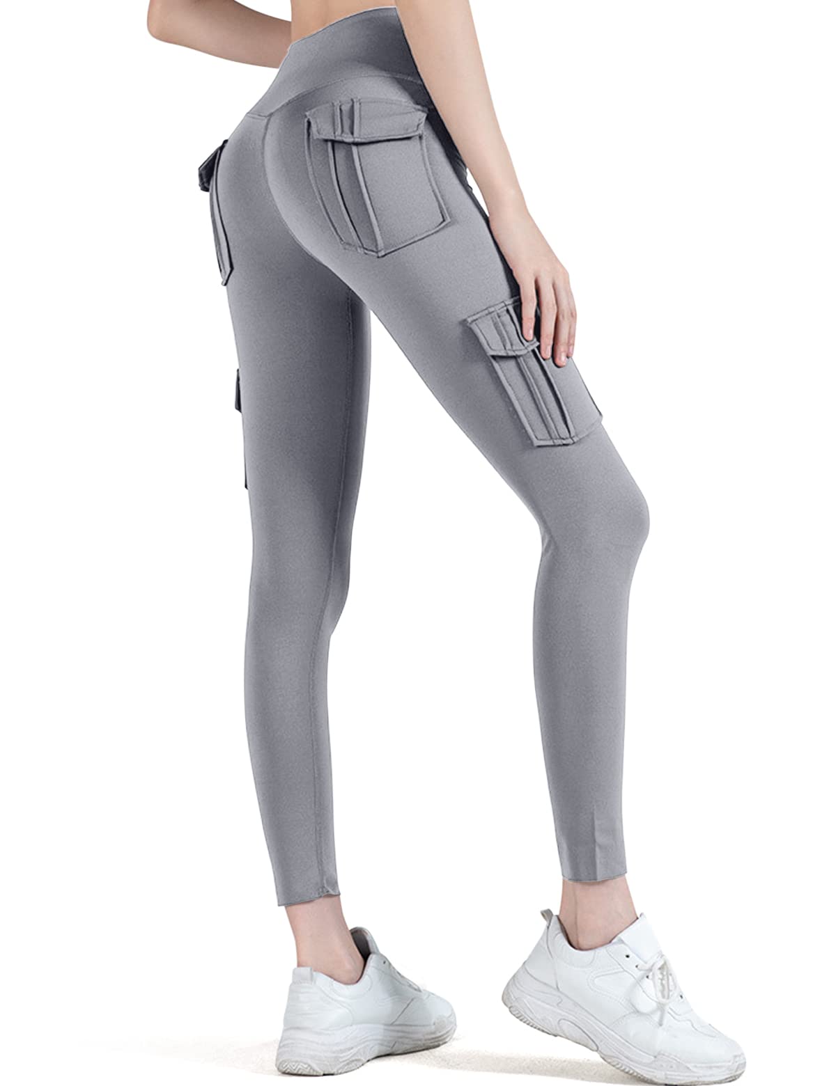 houstil Women's Yoga Pants with Pockets High Waisted Tummy Control Stretch Workout Leggings Light Grey XL
