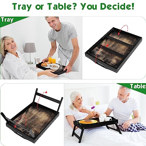 TURSTIN 2 Packs Bed Tray Bamboo Bed Trays Table with Folding Legs Breakfast in Bed Portable Food Serving Lap Tray with Handles for Eating Snack Laptop Working Bed Sofa Kitchen Bedroom, Black