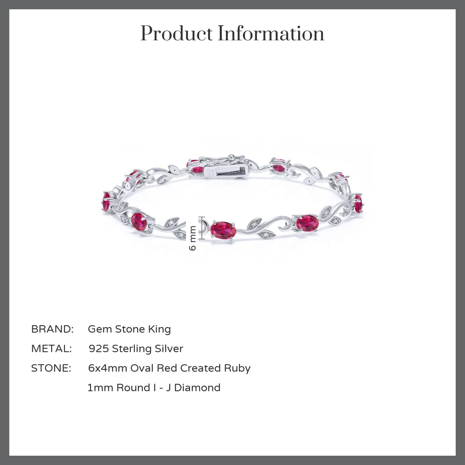 Gem Stone King 925 Sterling Silver Red Created Ruby and White Diamond Greek Vine Tennis Bracelet For Women (4.63 Cttw, Oval 6X4MM, 7 Inch)