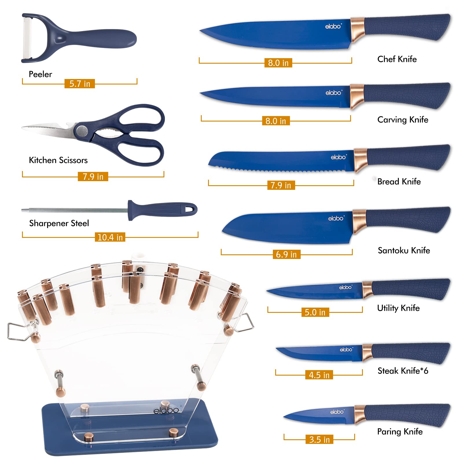 elabo Kitchen Knife Set - 16 Pieces Stainless Steel Knives, Rose Gold Handle Includes 6 Sharp Knives, 6 Serrated Steak Knives, Scissors, Peeler, Knife Sharpener with Block, Blue