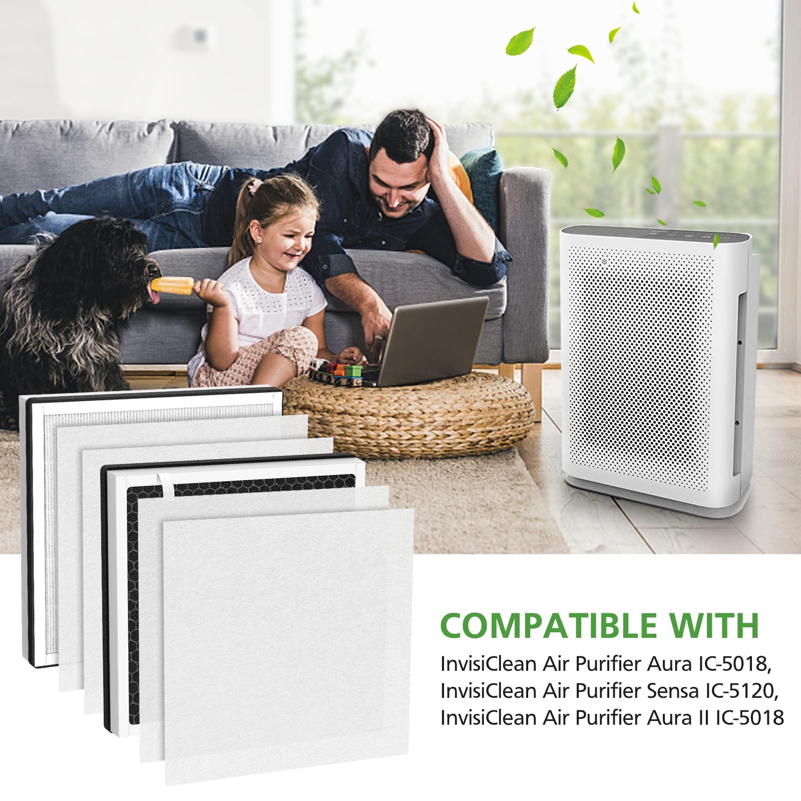 H13 True HEPA Replacement Filter Set, Compatible with InvisiClean Air Purifier Aura IC-5018, Aura II IC-5018, Sensa IC-5120, 3-in-1 Premium H13 Grade True HEPA Filter(2 Pack)