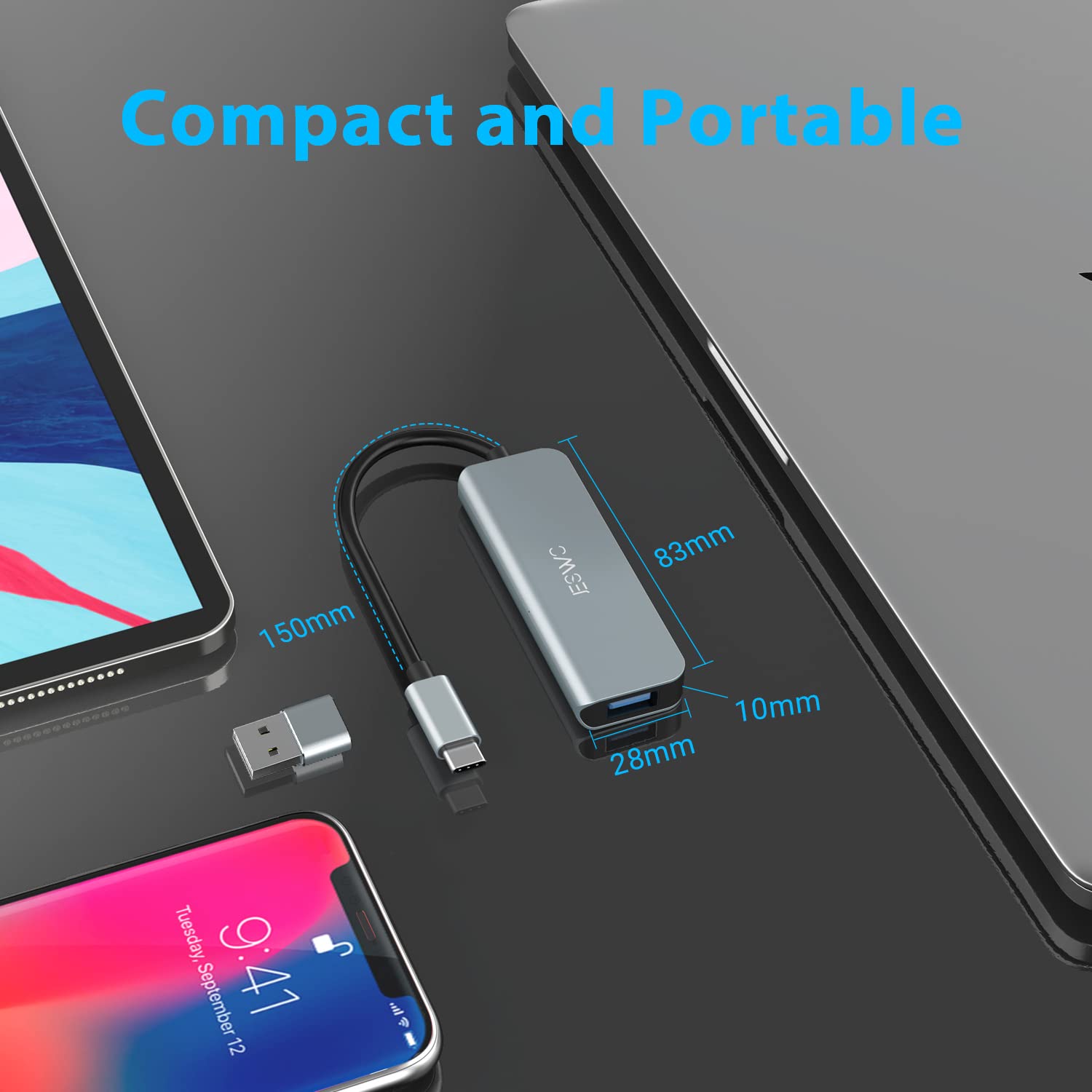 JESWO USB C to USB Hub, 4-Port USB C Hub with 4 USB 3.0 Ports & 1 USB C to USB 2.0 Adapter for MacBook Pro/Air, iMac, iPad Pro, Chromebook, Dell XPS, Surface and More