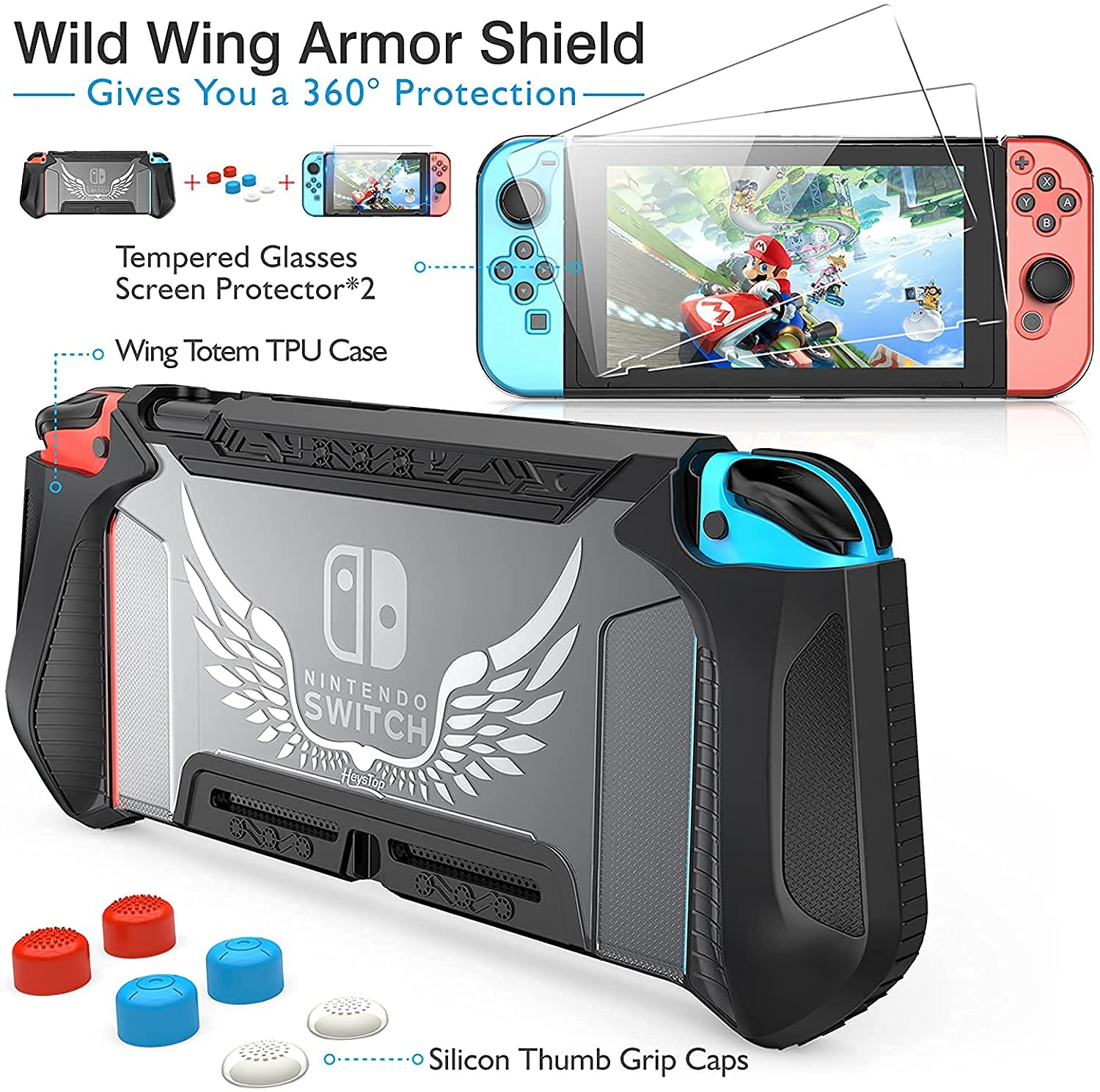 HEYSTOP Compatible with Nintendo Switch Case 23 in 1 Switch Accessories Gift Kit Protective Case Screen Protector Thumb Grip Cap Joycon Charger Wheel Grip TPU Case PlayStand Game Card Box Epic Pack