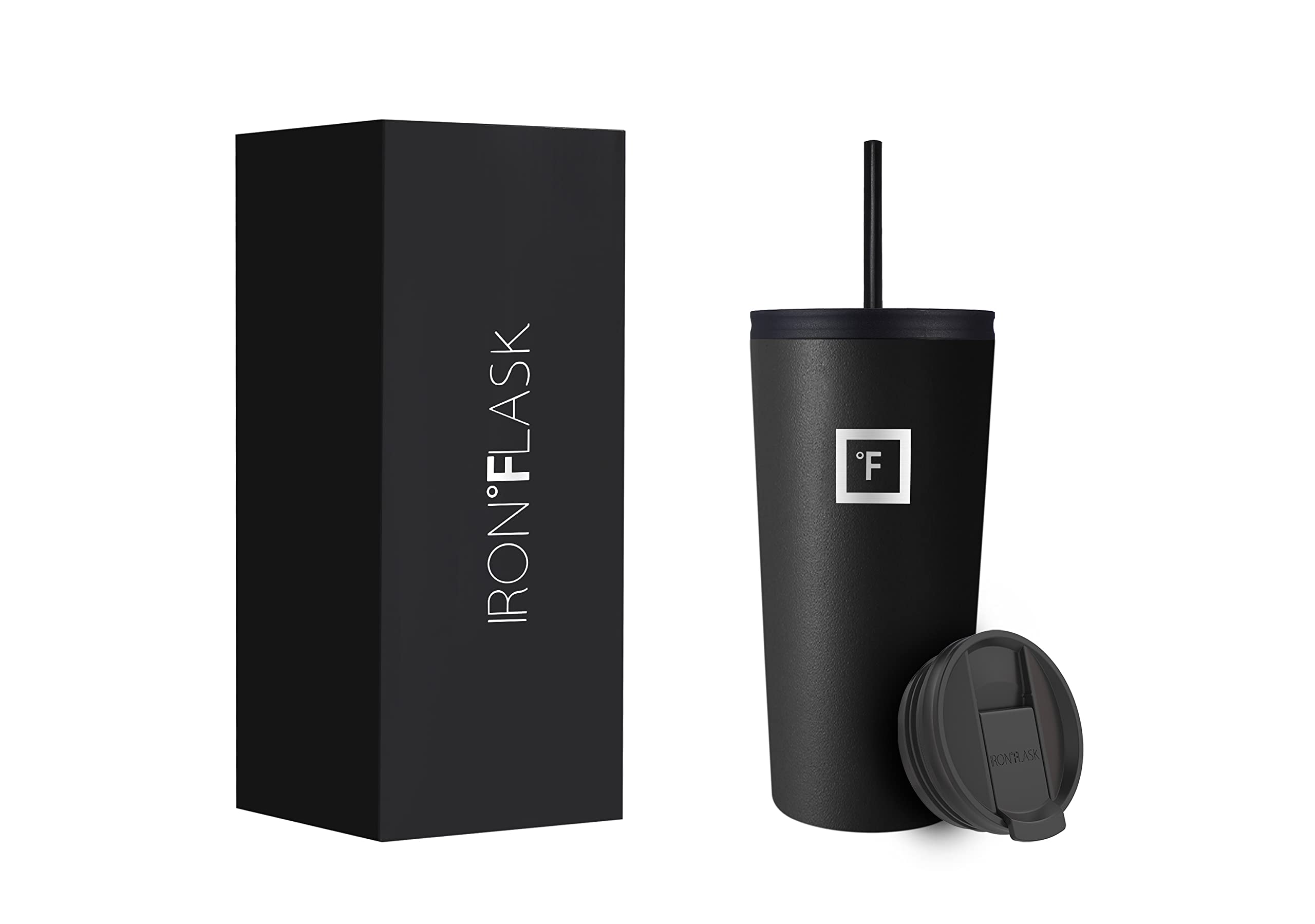 IRON °FLASK Classic Tumbler 2.0-2 Lids (Straw/Flip), Vacuum Insulated Stainless Steel Water Bottle, Double Walled, Thermo Travel Mug - Midnight Black, 20 Oz, Valentines Day Gifts