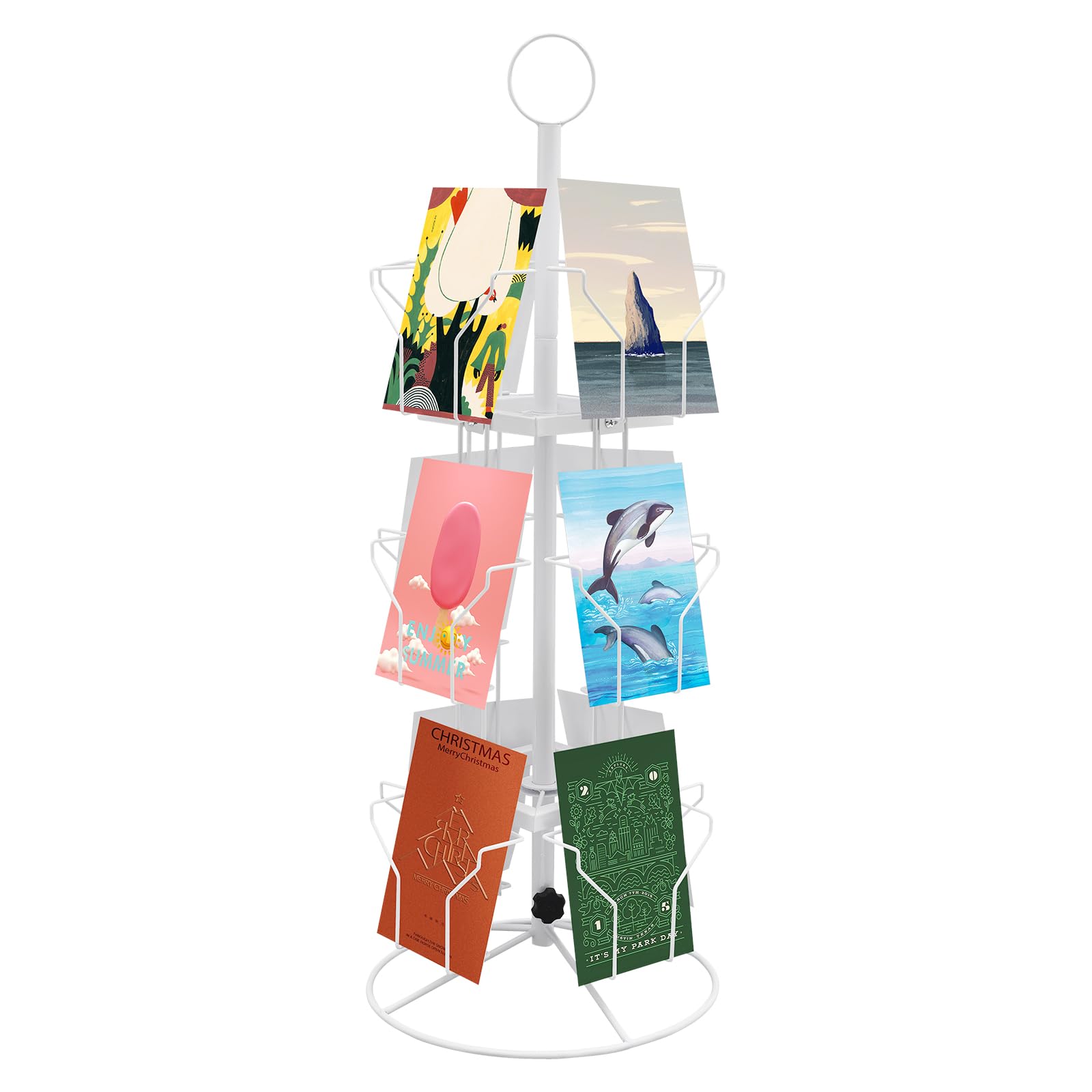 JAJADAH Rotating Greeting Card Rack, Display Stand Spinning Floor Stand, Pocket Rotating Holder for Classroom Office Library & Shopping Mall (3 Tiers - White)