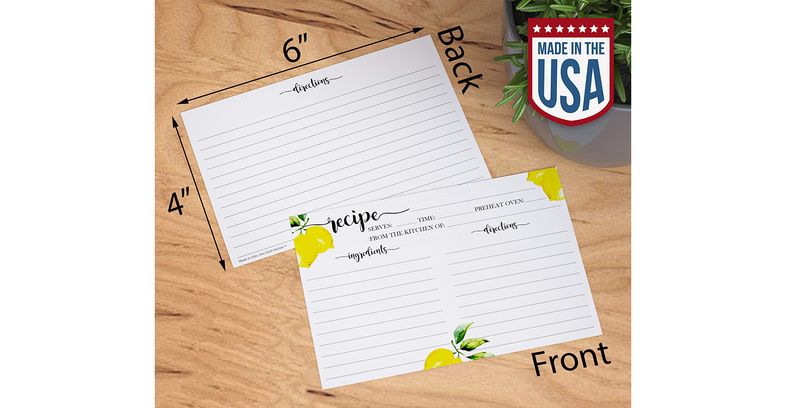 Lemon Double Sided Recipe Cards 4"x6" (100) USA Made Thick Durable Eco Index Card Stock Notecards for Family Recipes, Baking, Meal Prep, Wedding, Bridal Shower Gift