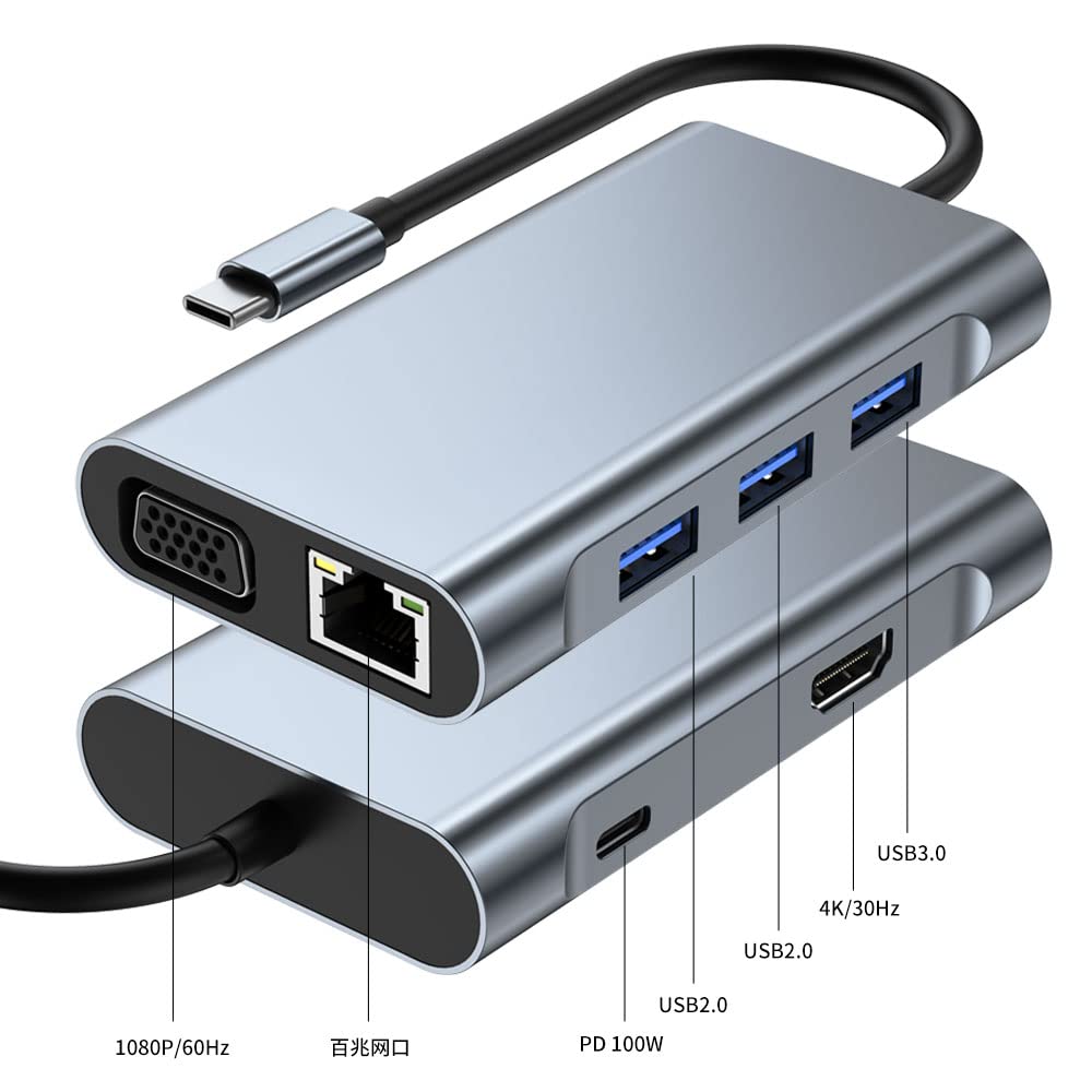 KitBox USB C HUB 7 in 1 Type C Adapter with Type C 87W PD, USB3.0 HDMI VGA, RJ45 Ethernet Port for MacBook and Other Type C Laptop.