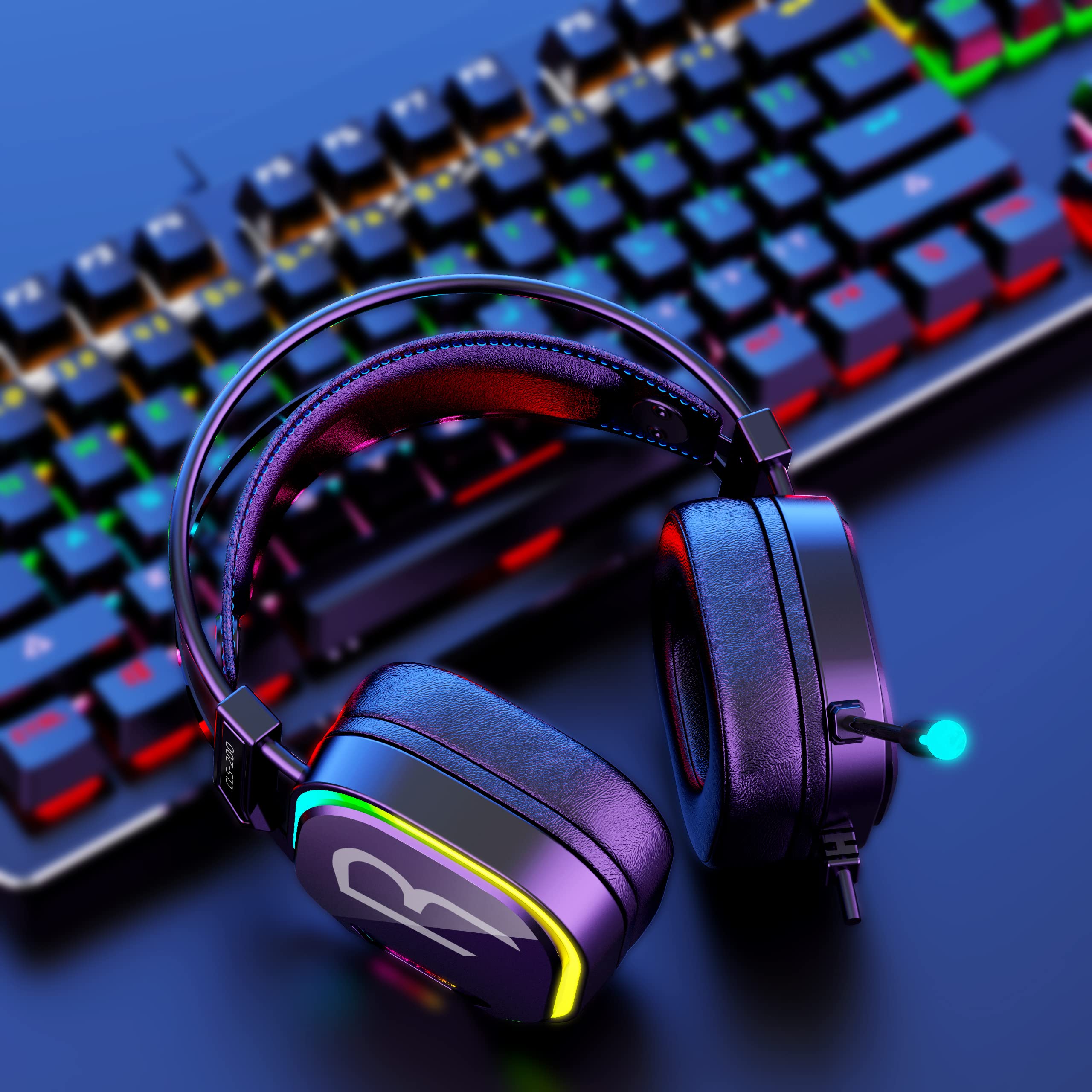 Gaming Headset for PS4, PC Gaming Headphone with RGB Streamer Gradient Headband and Noise Reduction Mic, 7.1 Surround Sound Suspended Wired Headsets for PS5, PC, PS4, iMac, Laptop