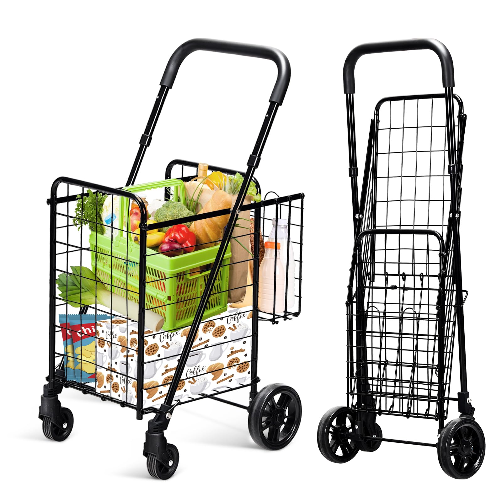 IRONMAX Grocery Shopping Cart, Foldable Heavy Duty Utility Cart w/Adjustable Handle, Extra Basket & 360° Rolling Swivel Wheels, Lightweight Trolley Cart for Grocery Laundry Luggage (Black)