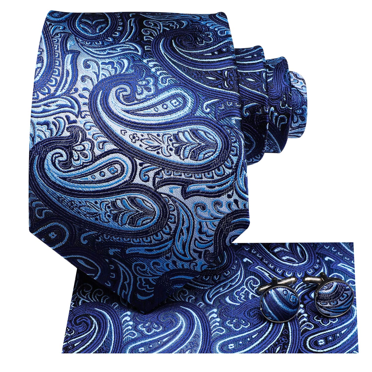 Hi-Tie Silk Paisley Ties for Men Necktie Pocket Square Cufflinks Set Foral Tie Sets Formal Business,Blue