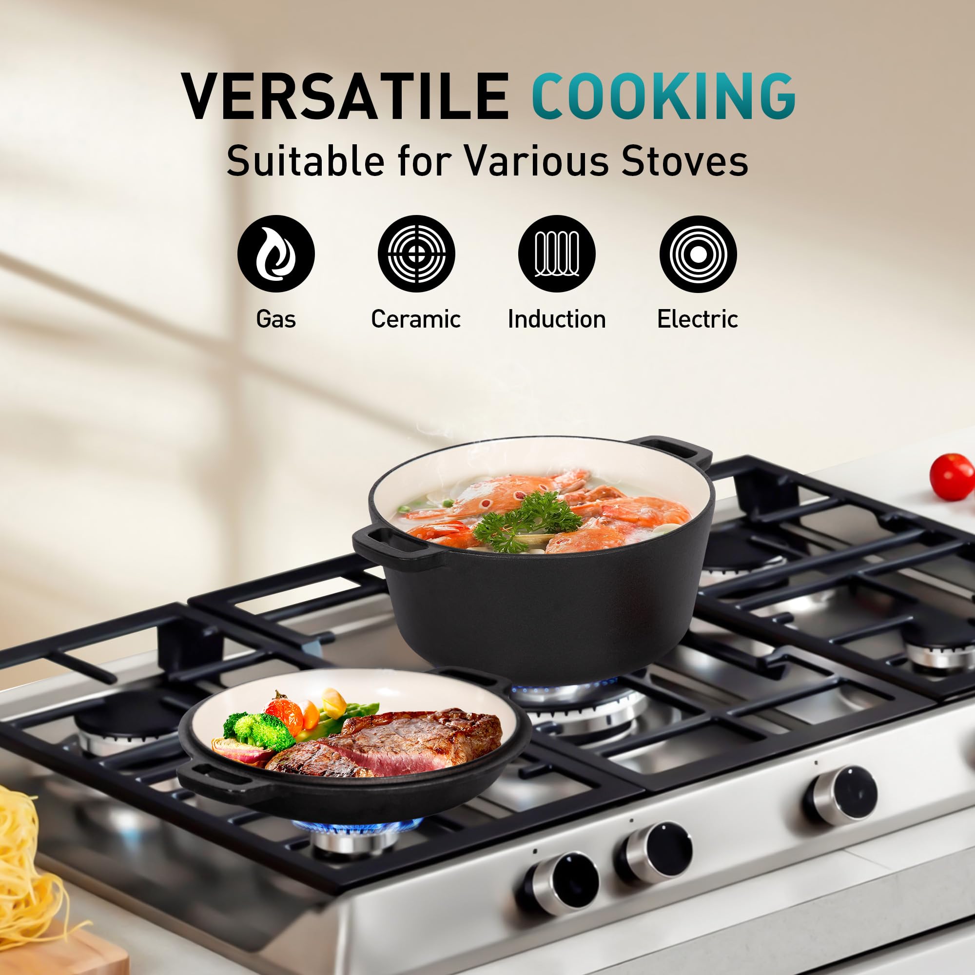 Kitchen Academy 5QT Enameled Cast Iron Dutch Oven Pot with Skillet Lid for Bread, Frying, Baking, Camping, BBQ, 2-in-1 Non Stick Enamel Coated Cookware, Oven Safe up to 500ยฐ F (Black)