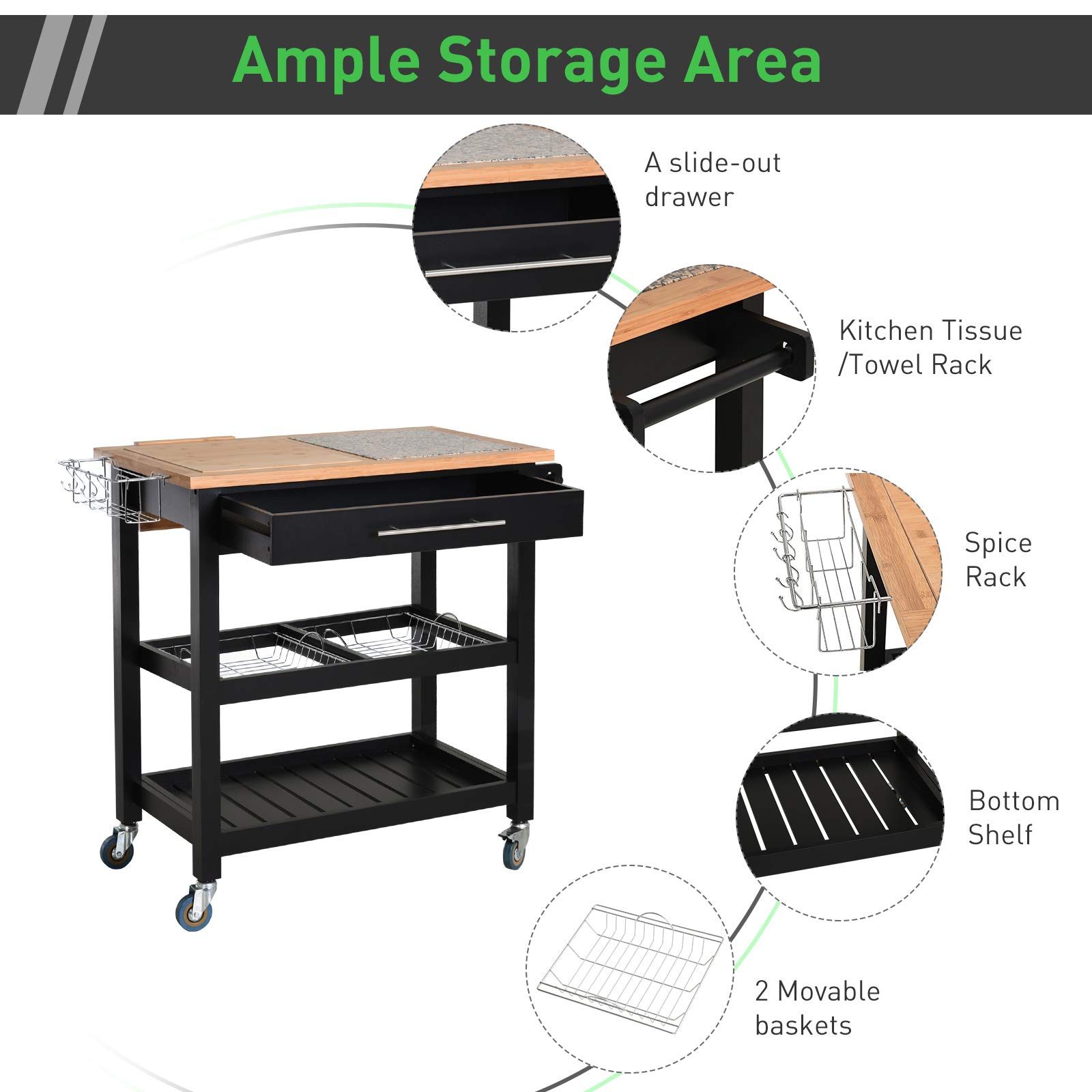 HOMCOM Rolling Mobile Kitchen Island Cart with Granite & Bamboo Countertop, Knife Rack, Integrated Spice Rack & Storage Drawer