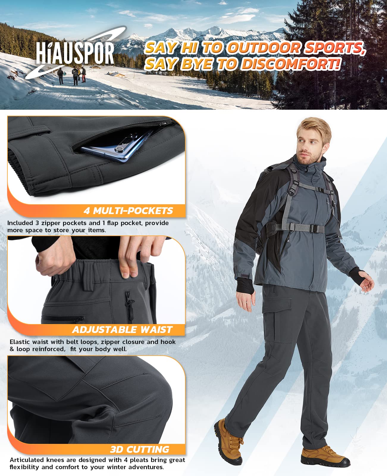 Hiauspor Snow Pants Mens Fleece Lined Winter Hiking Waterproof Ski Insulated Snowboard Outdoor Softshell Pants (Standard, Grey, Medium)