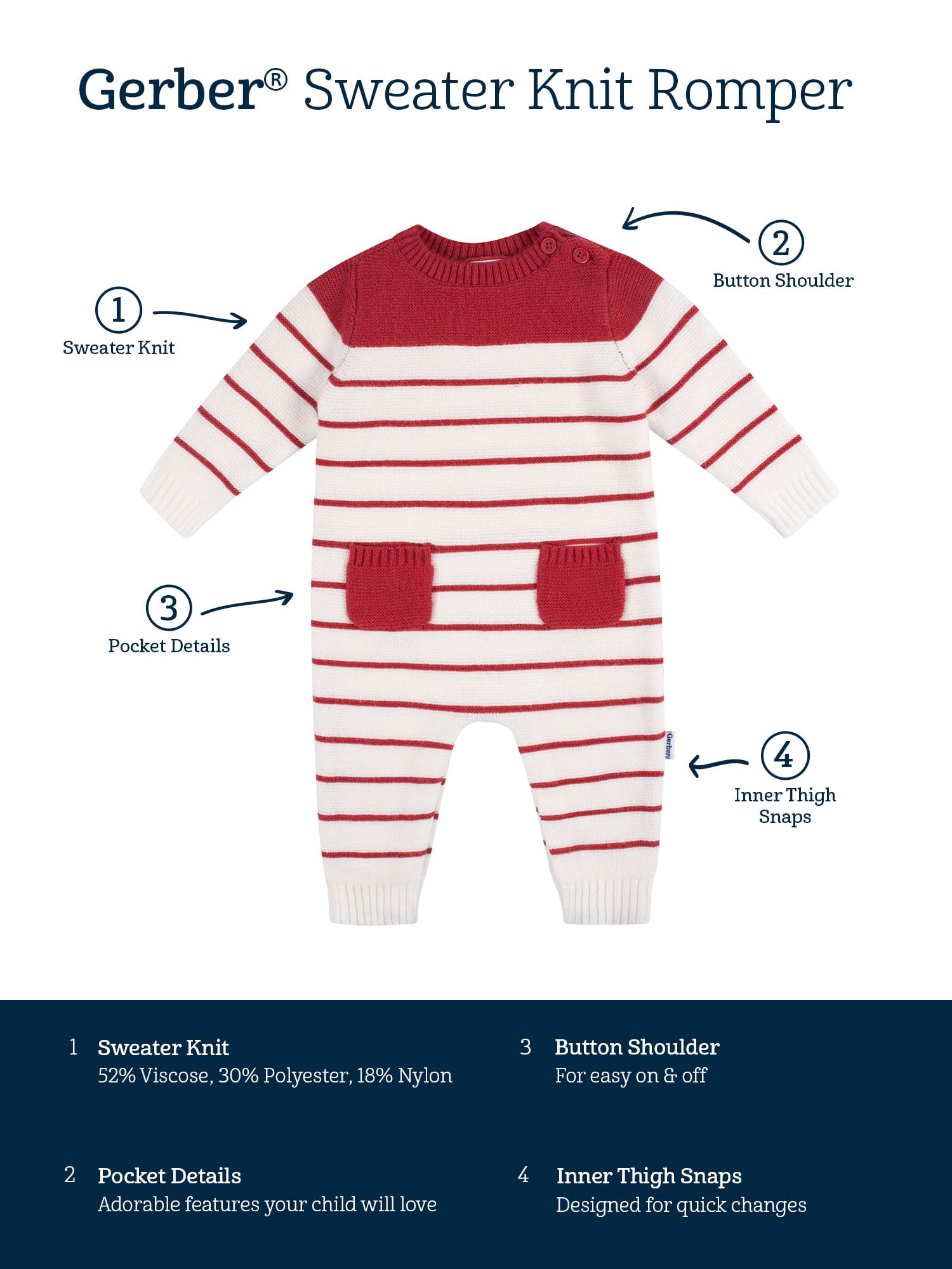 Gerber Baby Boys' Sweater Knit Romper Jumpsuit, Red & White, 0-3 Months