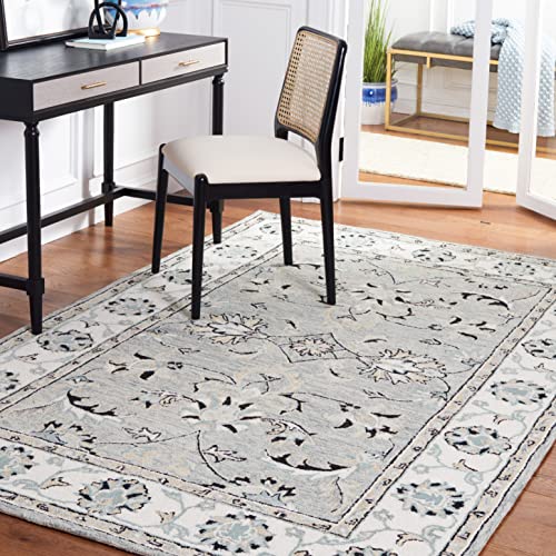 Safavieh Micro-Loop Collection Area Rug - 8' x 10', Grey & Ivory, Handmade Floral French Country Wool, Ideal for High Traffic Areas in Living Room, Bedroom (MLP384F)