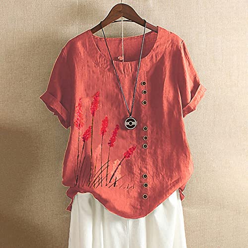 SMIDOW Boho Tops for Women Plus Size Summer 2023 Linen Shirts Short Sleeve Crewneck Printed t-Shirt Blouse Trendy Plus Size Womens Clothes Orange 3X