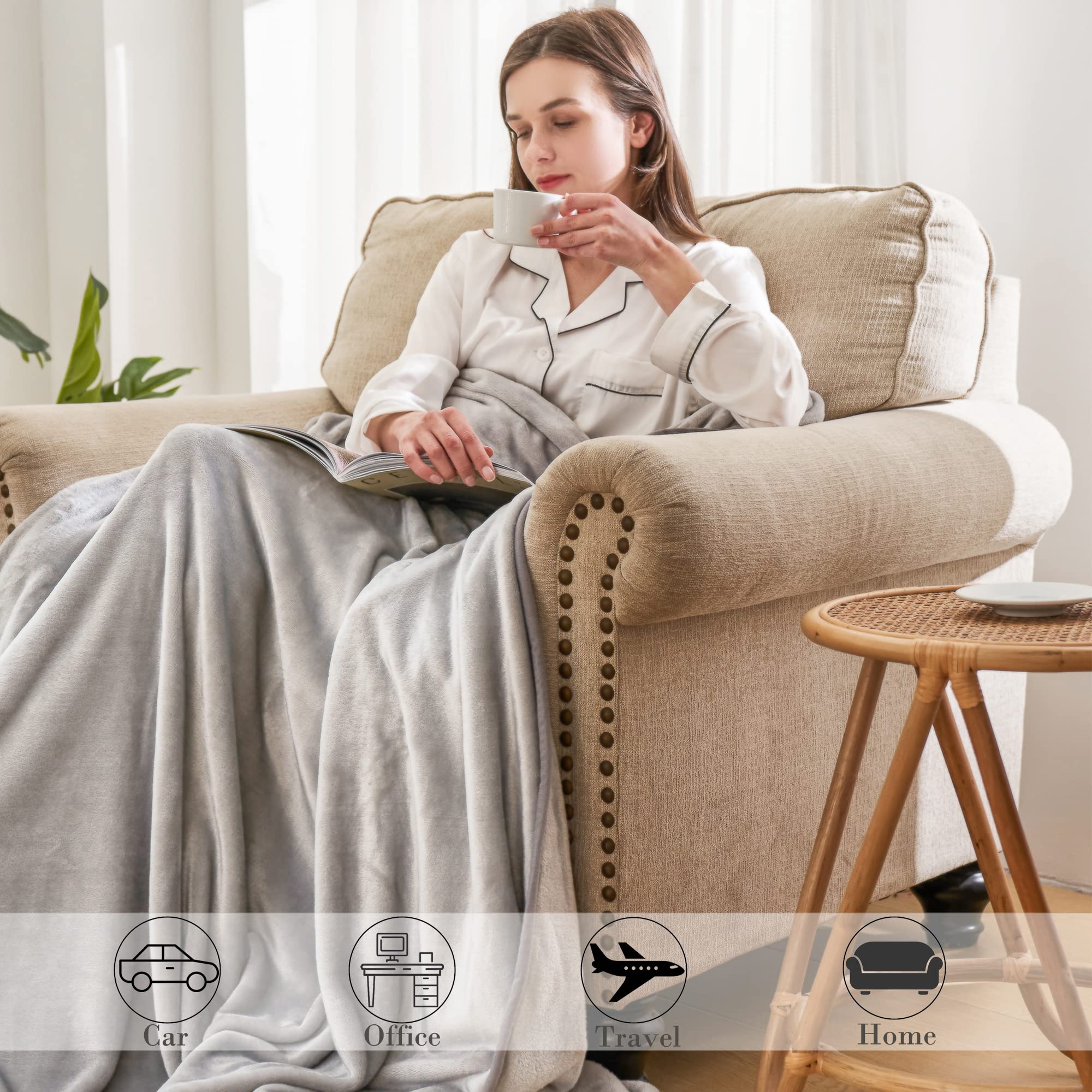 ELNIDO QUEEN Fleece Blanket Twin Size Light Grey - 330GSM Luxury Lightweight Plush Cozy Soft and Warm Blankets for Couch, Sofa, Bed, Office, Travel, Camping (60x80 Inches)