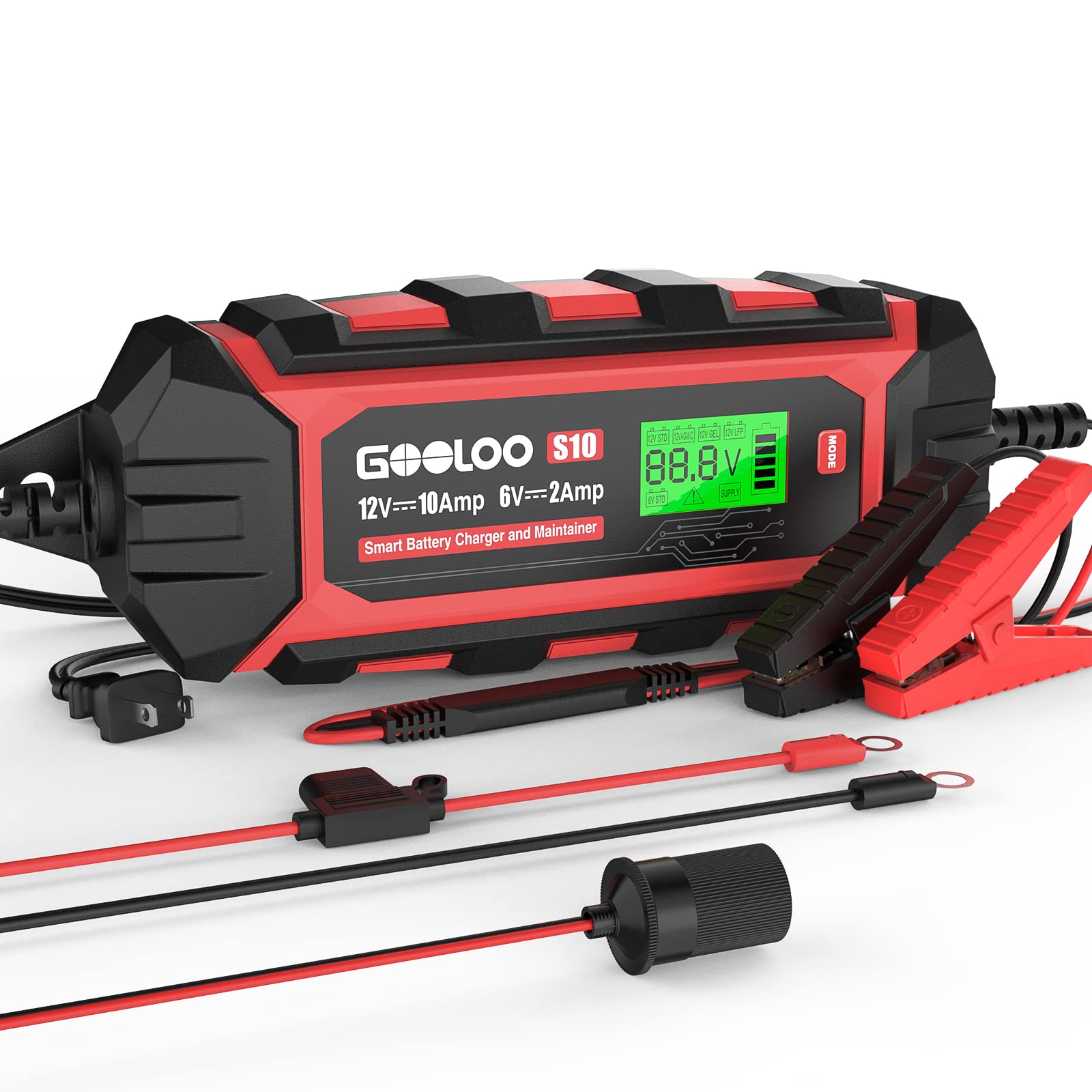 GOOLOO 10-Amp Car Battery Charger, 6V and 12V Fully Automatic Battery Charger Maintainer, Trickle Charger, Supersafe Smart Battery Desulfator for Lead-Acid Batteries(S10)