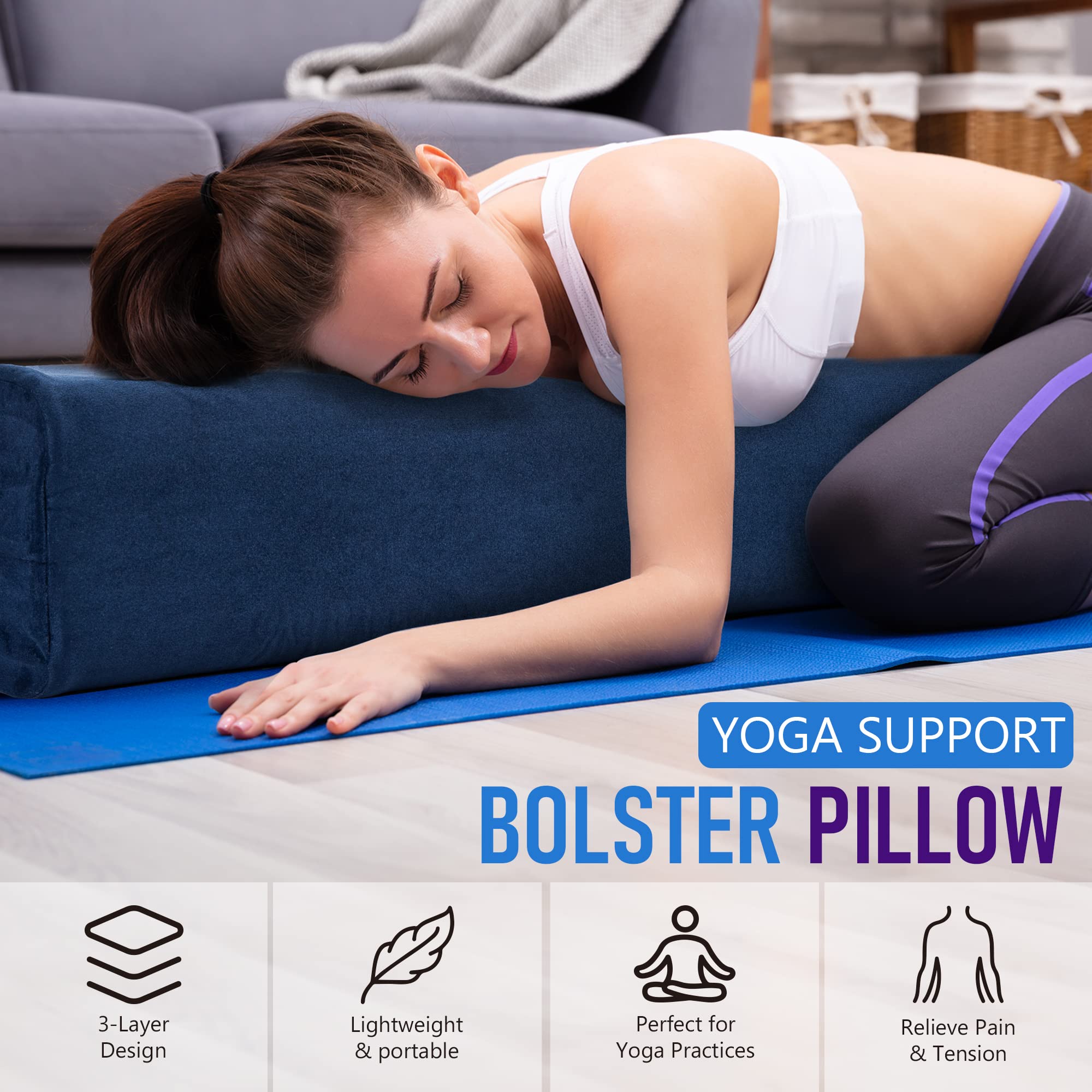 HRS Dynamics Yoga Bolster Pillow - Rectangular Bolster Pillow Yoga with Extra Washable Pillow Case - Yoga Bolster for Restorative Yoga with Carry Handle and Travel Case, Blue, Violet