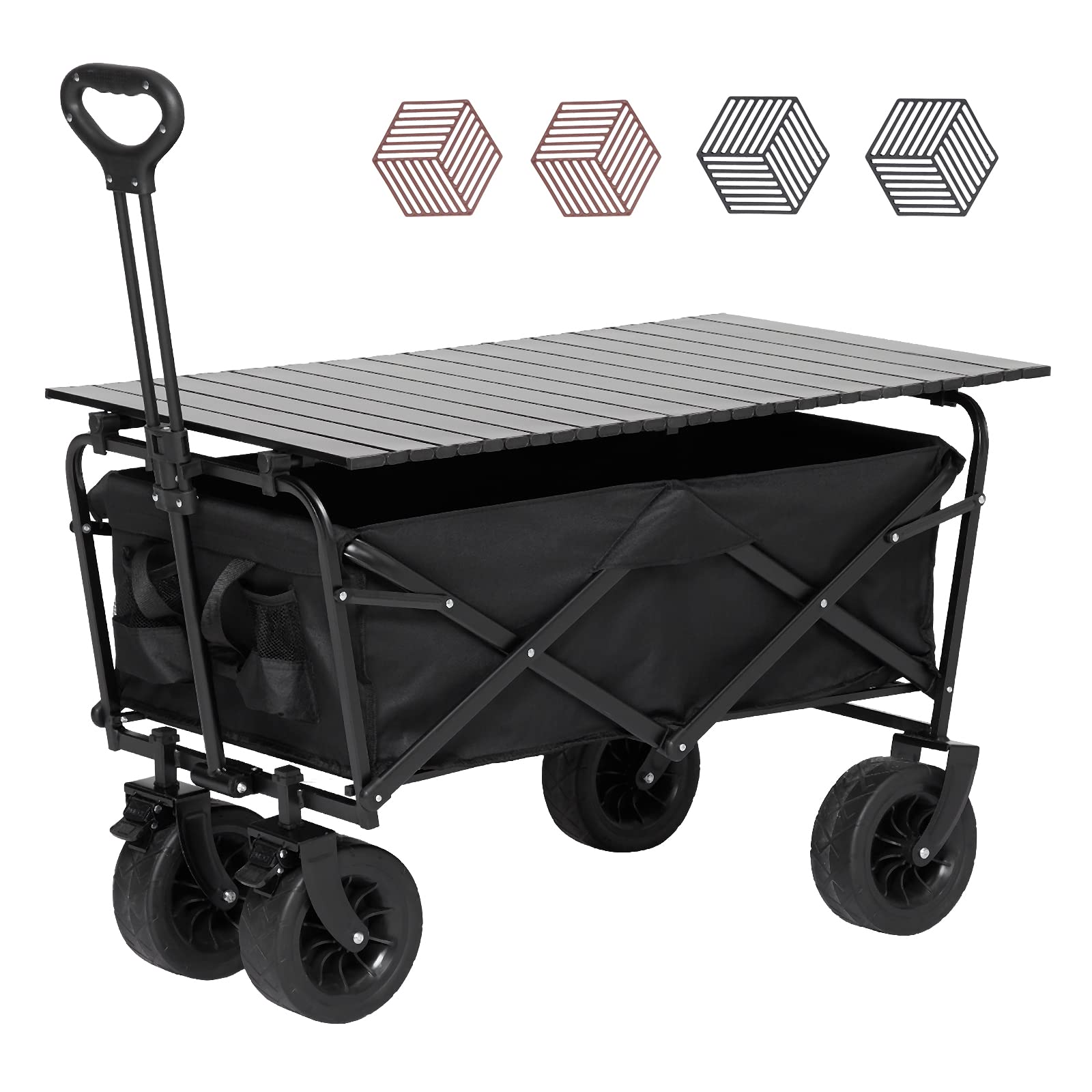 Garvee Collapsible Folding Outdoor Camping Wagon with Brake, Park Utility Wagon Picnic Camping Cart with 8" All Terrain Wheels, Iron Folding Table top, 4 Plate mats