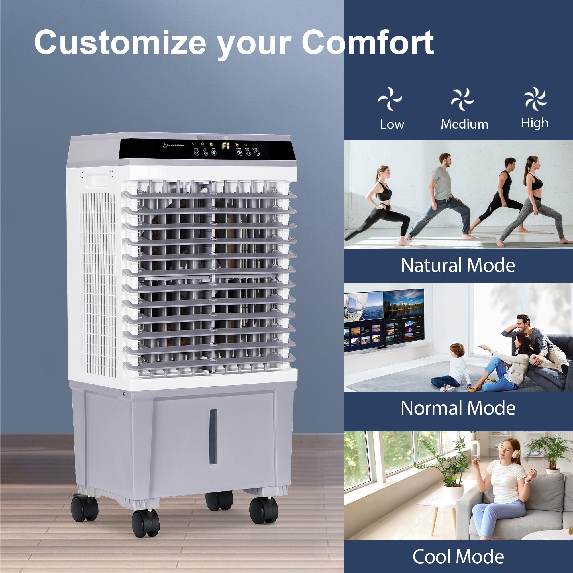 KEGIAN Evaporative Air Cooler, Swamp Cooler with 5.3 Gallon Water Tank, Remote Control, 12H Timer, 3 Modes & Speeds, 110° Oscillation, Portable 3-IN-1 Cooling Fan for Bedroom Home Office (Grey)