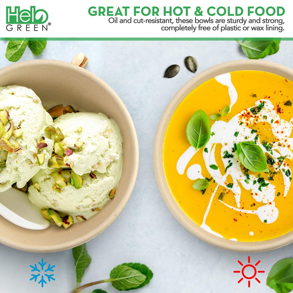 HeloGreen 24 oz. 50 Count 100% Compostable Bowls β Paper Bowls, Eco Friendly Biodegradable, Disposable Bowls, Hot Soup and Cold Food, Heavy-Duty Quality, Natural, Made of Bagasse Sugar Cane Fibers