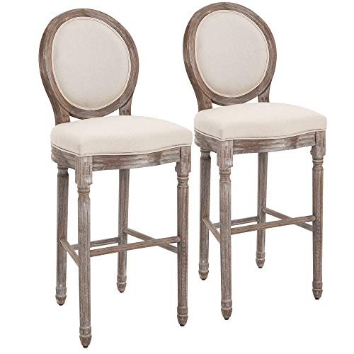 HOMCOM Solid Wood Bar Stools Set of 2, French Country Barstools, Bar Height Chairs with Upholstered Seating and Footrest, 29.5" Seat Height, Beige