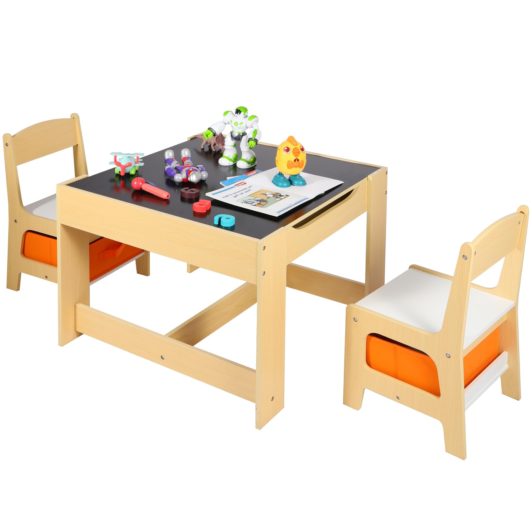 RedSwing Kids Table and Chair Set, 3 in 1 Wooden Childrens Craft Table with 2 Chairs Storage Drawers,Toddler Activity Art Table for Drawing,Reading,Playroom