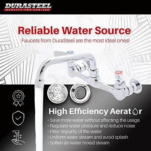 Kitchen Sink No Lead Faucet - DuraSteel 8" Center Wall Mounted Commercial Kitchen Sink Faucet with 6" Swivel Spout - NSF Certified - Dual Lever Handles - Brass Constructed & Chrome Polished