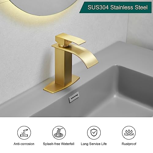Hoimpro Brushed Gold Waterfall Spout Single Hole Bathroom Faucet, Stainless Steel Single Lever Bathroom Vanity Sink Faucet with Drain, cUPC Hose and Deck Plate